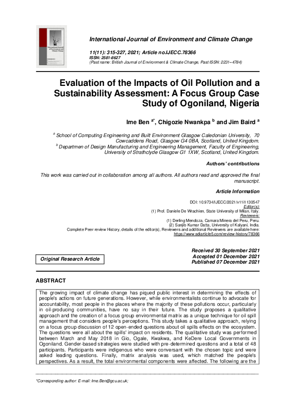(PDF) Evaluation of the Impacts of Oil Pollution and a Sustainability Assessment: A Focus Group ...