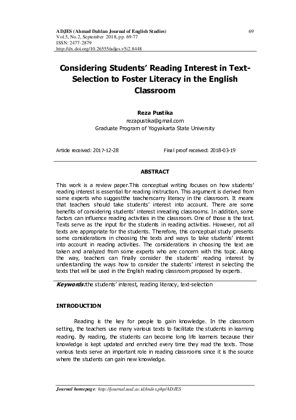 (PDF) Considering Students’ Reading Interest in Text-Selection to ...
