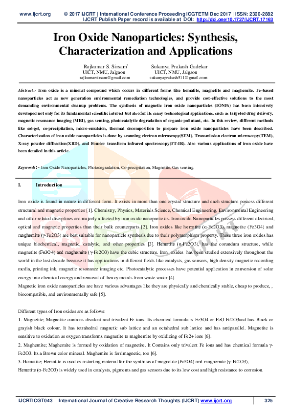 (PDF) Iron Oxide Nanoparticles: Synthesis, Characterization and Applications