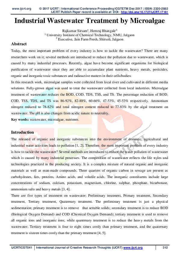 (PDF) Industrial Wastewater Treatment by Microalgae