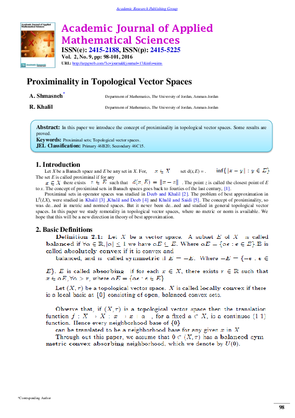 Pdf Proximinality In Topological Vector Spaces Roshdi Khalil