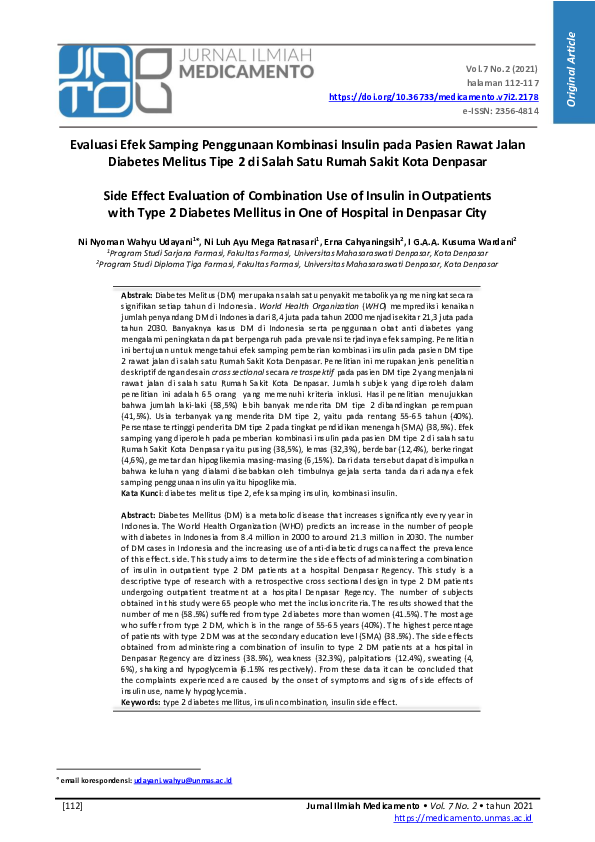 Pdf Evaluasi Efek Samping Penggunaan Kombinasi Insulin Pada Pasien