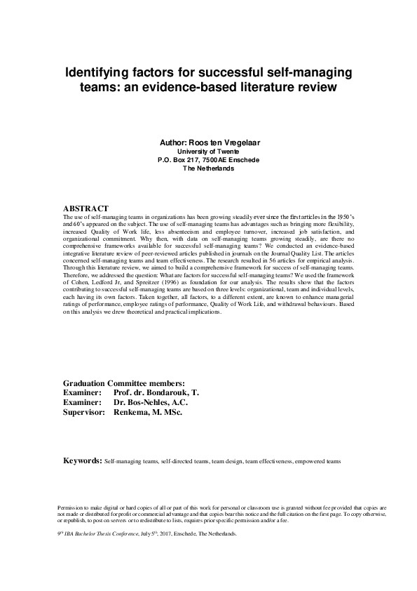 (PDF) Identifying factors for successful self-managing teams : an ...