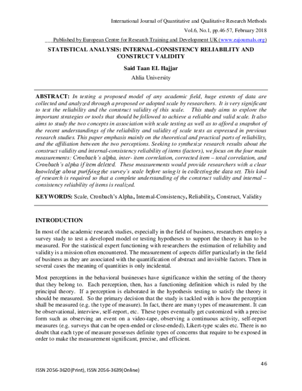 (PDF) Statistical Analysis: Internal-Consistency Reliability and Construct Validity