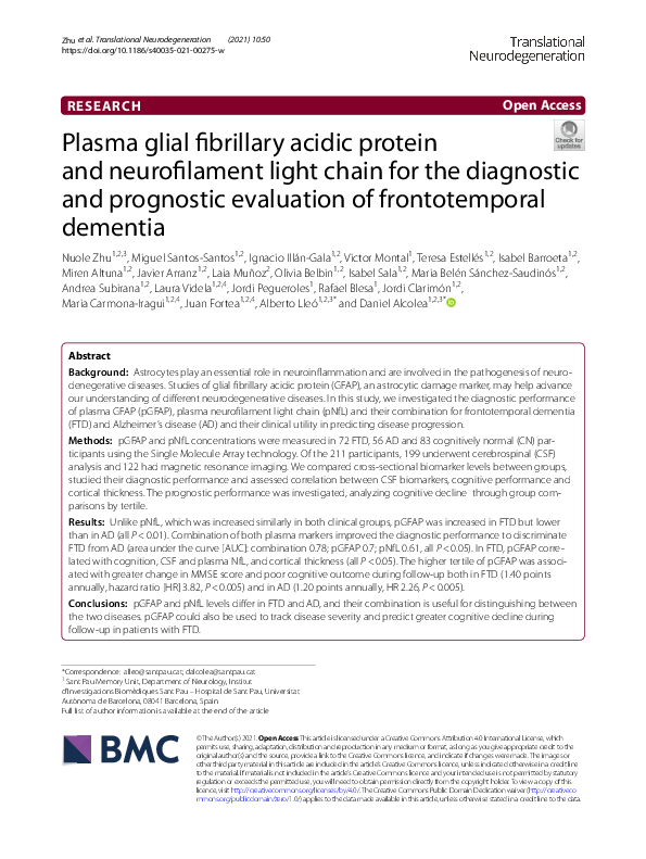 (PDF) Plasma glial fibrillary acidic protein and neurofilament light chain for the diagnostic ...