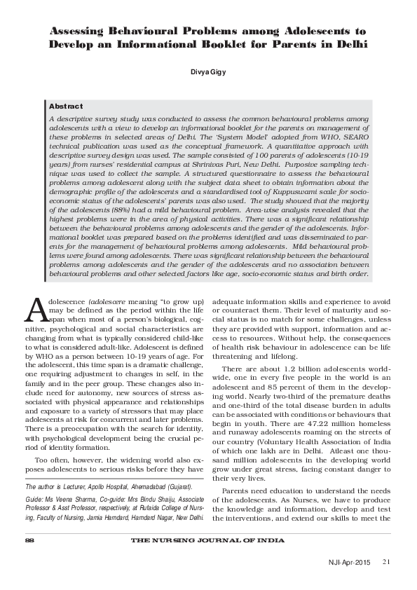 (PDF) Assessing Behavioural Problems among Adolescents to Develop an Informational Booklet for ...