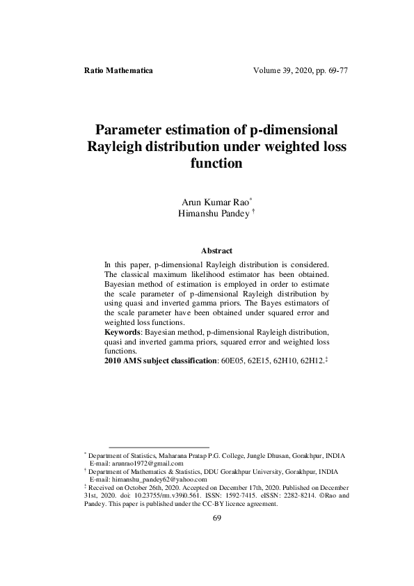 (PDF) Parameter estimation of p-dimensional Rayleigh distribution under ... (PDF) Parameter estimation of p-dimensional Rayleigh distribution under ...
