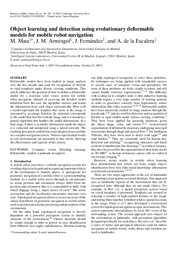 Pdf Object Learning And Detection Using Evolutionary Deformable Models For Mobile Robot Navigation 7904