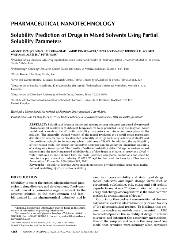 Pdf Solubility Prediction Of Drugs In Mixed Solvents Using Partial Solubility Parameters