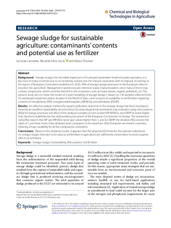 (PDF) Sewage sludge for sustainable agriculture: contaminants’ contents ...