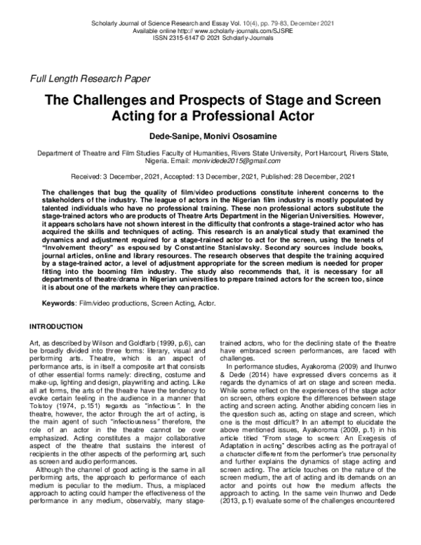 (PDF) The Challenges and Prospects of Stage and Screen Acting for a ...