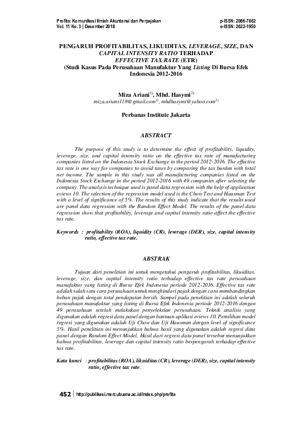 (PDF) Pengaruh Profitabilitas, Likuiditas, Leverage, Size, Dan Capital Intensity Ratio Terhadap ...