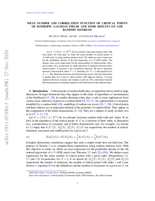 (PDF) Mean number and correlation function of critical points of isotropic Gaussian fields and ...