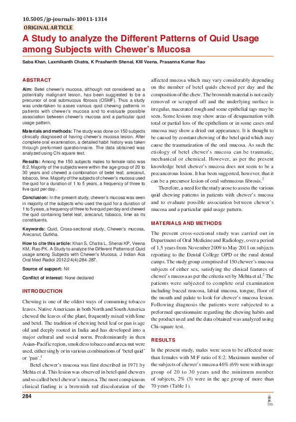 (PDF) A Study to analyze the Different Patterns of Quid Usage among ...