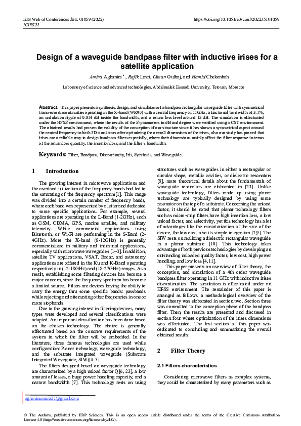 Pdf Design Of A Waveguide Bandpass Filter With Inductive Irises For A