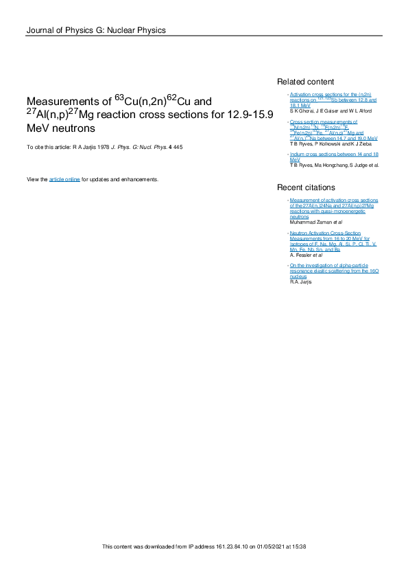 (PDF) Measurements of 63Cu(n,2n)62Cu and 27Al(n,p)27Mg Reaction Cross ...
