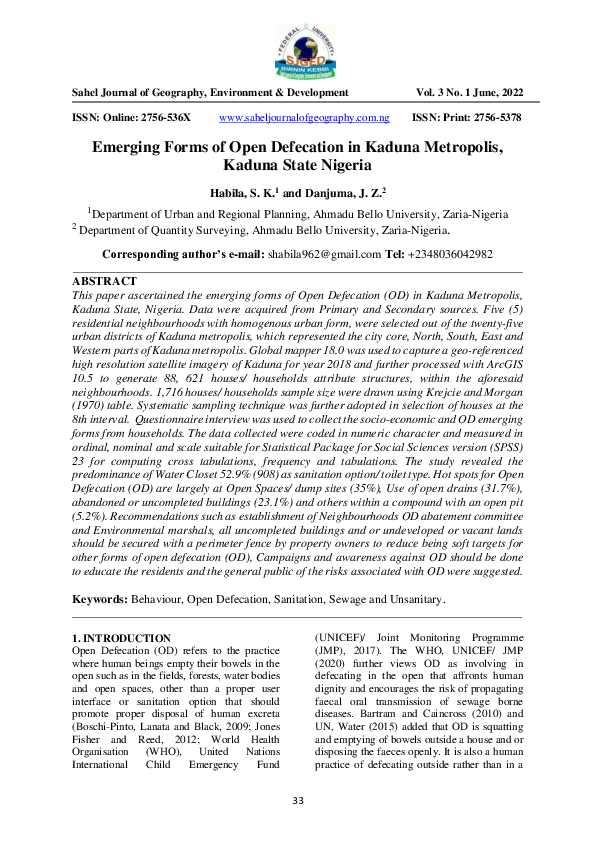 (PDF) Emerging Forms of Open Defecation in Kaduna Metropolis, Kaduna ...