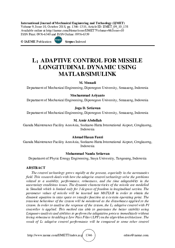 Pdf L1 Adaptive Control For Missile Longitudinal Dynamic Using Matlab