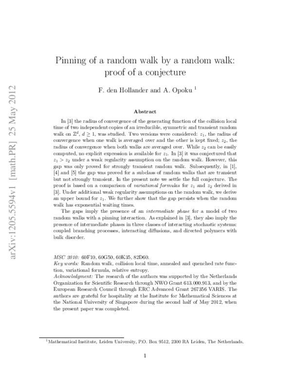 (PDF) Pinning of a random walk by a random walk: proof of a conjecture