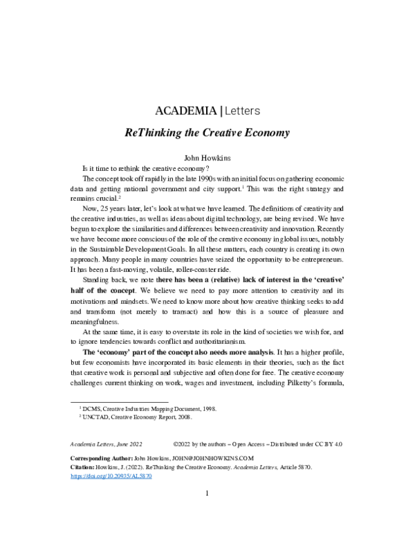 (PDF) ReThinking the Creative Economy