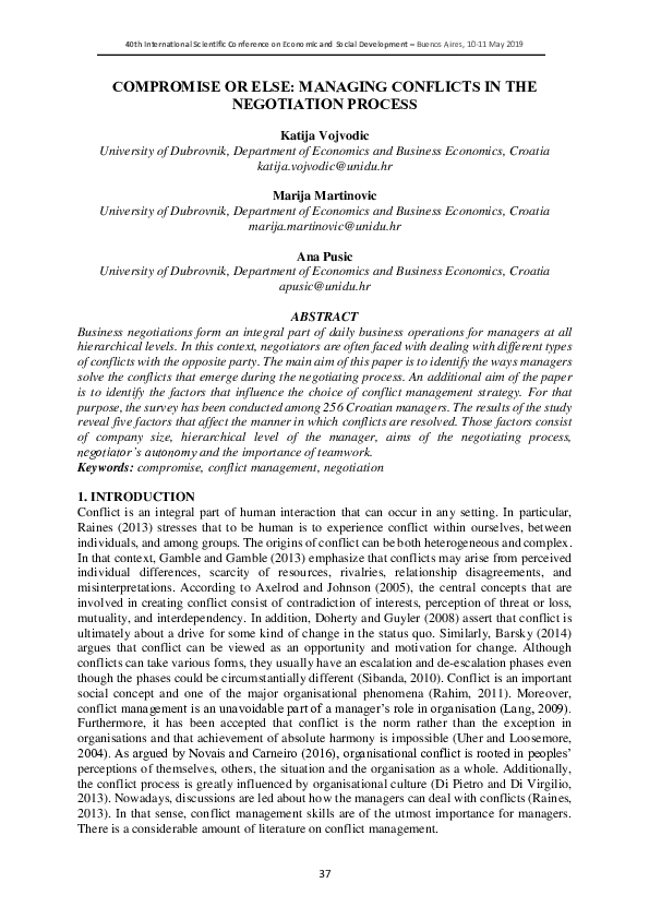 (PDF) COMPROMISE OR ELSE: MANAGING CONFLICTS IN THE NEGOTIATION PROCESS
