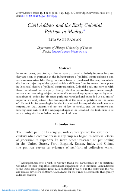 (PDF) Civil Address and the Early Colonial Petition in Madras