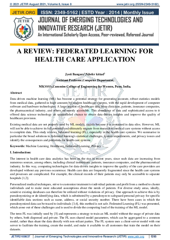 (PDF) A Review: Federated Learning for Health Care Application