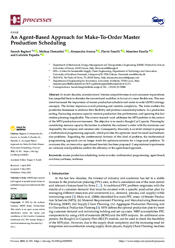 (PDF) An Agent-Based Approach for Make-To-Order Master Production Scheduling