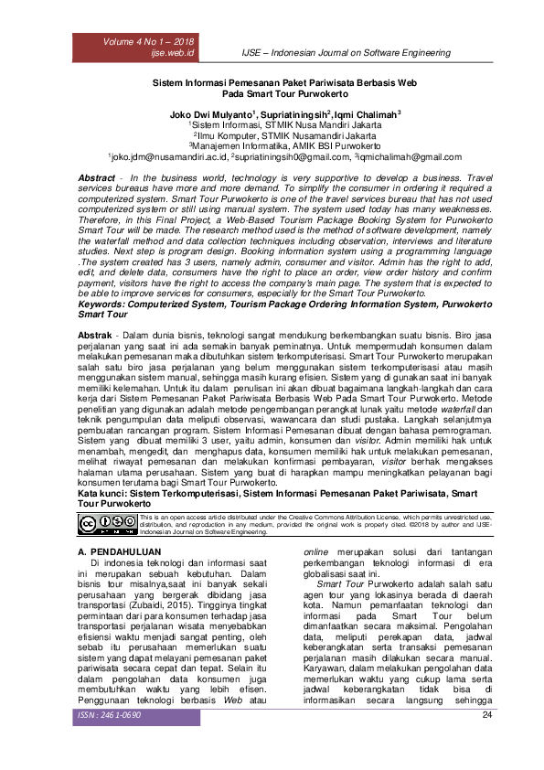 (PDF) Sistem Informasi Pemesanan Paket Pariwisata Berbasis Web Pada Smart Tour Purwokerto