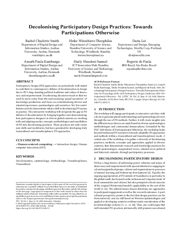 (PDF) Decolonising Participatory Design Practices: Towards Participations Otherwise