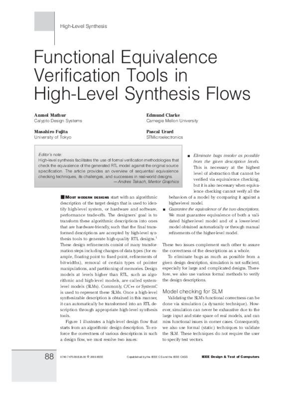 Pdf Functional Equivalence Verification Tools In High Level Synthesis Flows