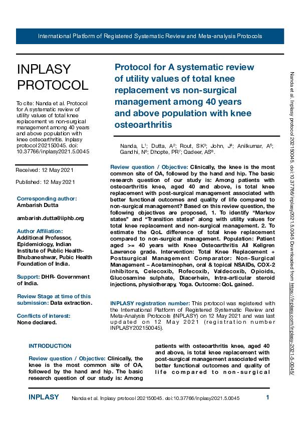 (PDF) Protocol for A systematic review of utility values of total knee ...