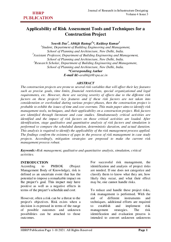 (PDF) Applicability of Risk Assessment Tools and Techniques for a ...