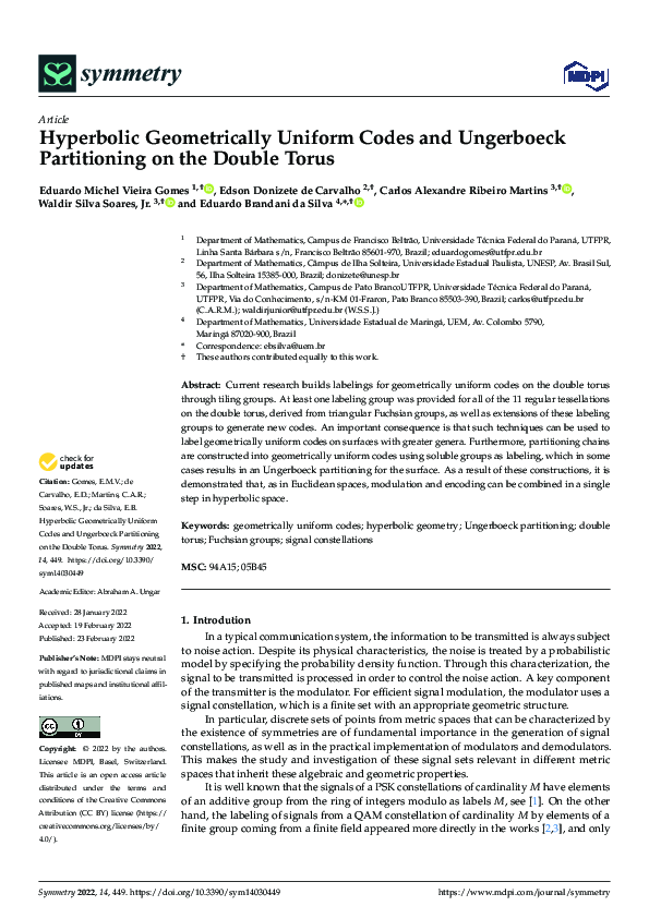 (PDF) Hyperbolic Geometrically Uniform Codes and Ungerboeck Partitioning on the Double Torus