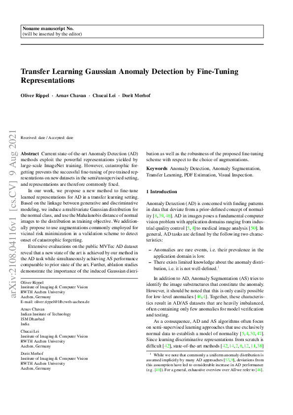Pdf Transfer Learning Gaussian Anomaly Detection By Fine Tuning Representations