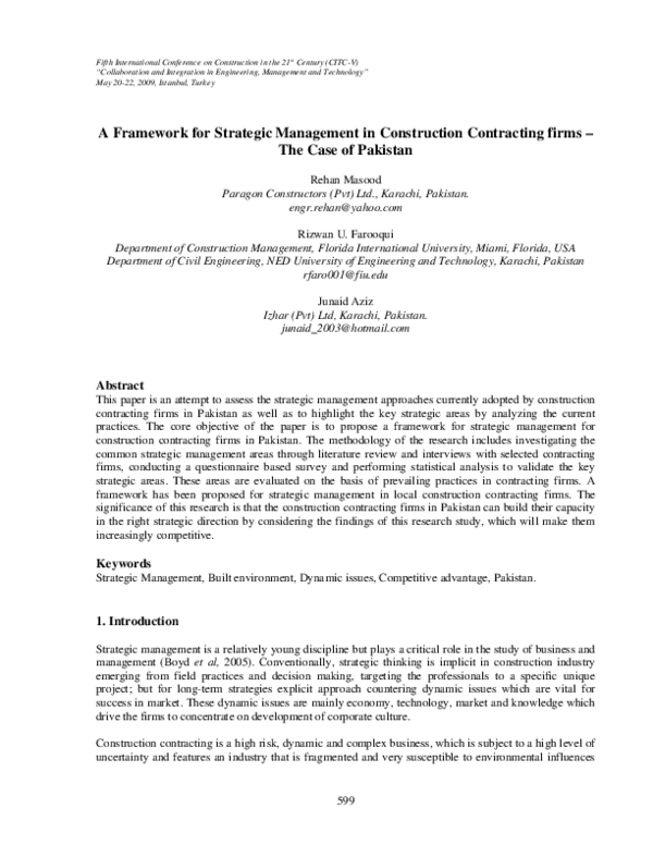 Pdf A Framework For Strategic Management In Construction Contracting Firms The Case Of Pakistan