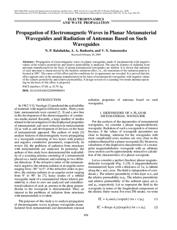 (PDF) Propagation of electromagnetic waves in planar metamaterial waveguides and radiation of ...