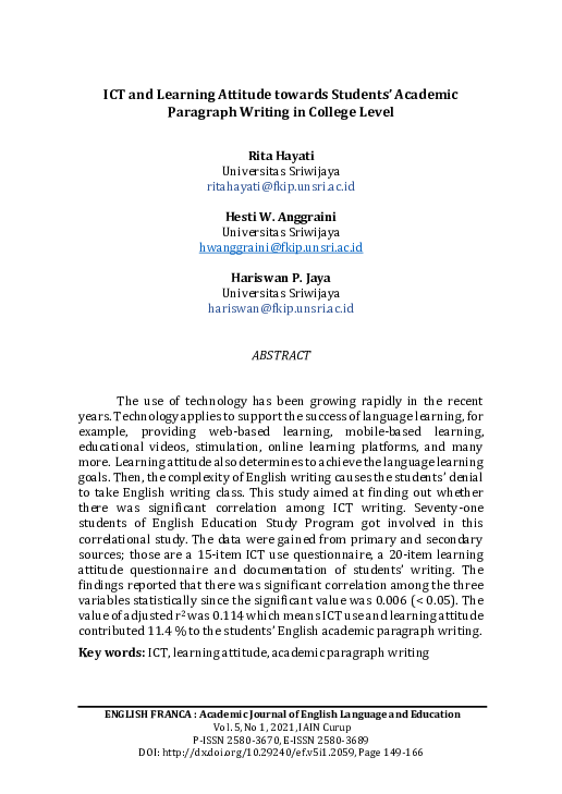 (PDF) ICT and Learning Attitude towards Students’ Academic Paragraph ...