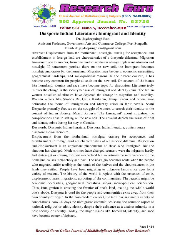 (PDF) Diasporic Indian Literature Immigrant and Identity