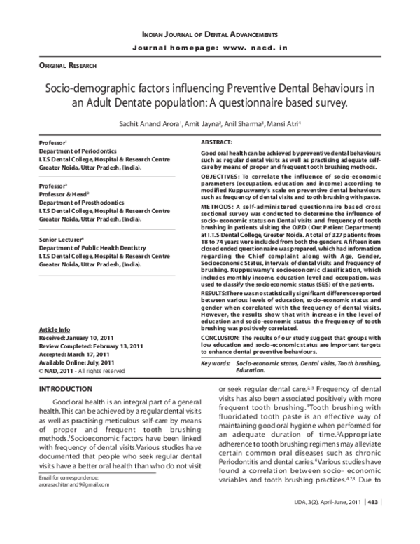 Socio-demographic factors influencing Preventive Dental Behaviours in an Adult Dentate ...