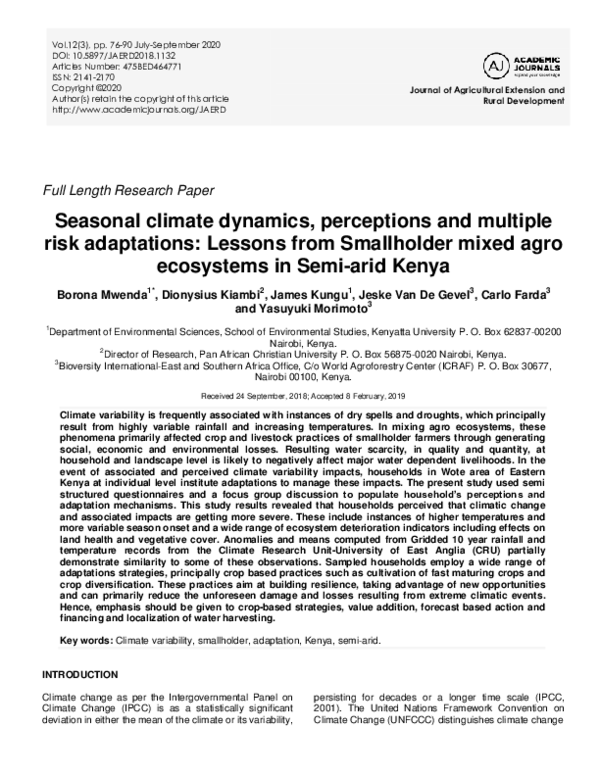 (PDF) Seasonal climate dynamics, perceptions and multiple risk adaptations: Lessons from ...