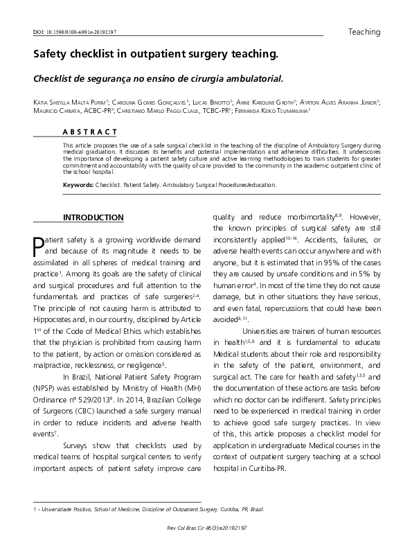 (PDF) Safety Check List in Outpatient Surgery Teaching