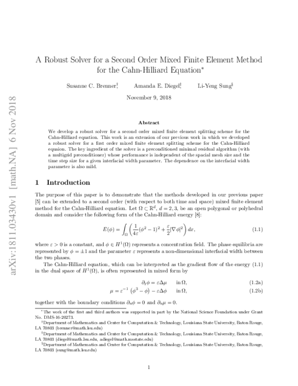 Pdf A Robust Solver For A Second Order Mixed Finite Element Method For The Cahn Hilliard Equation