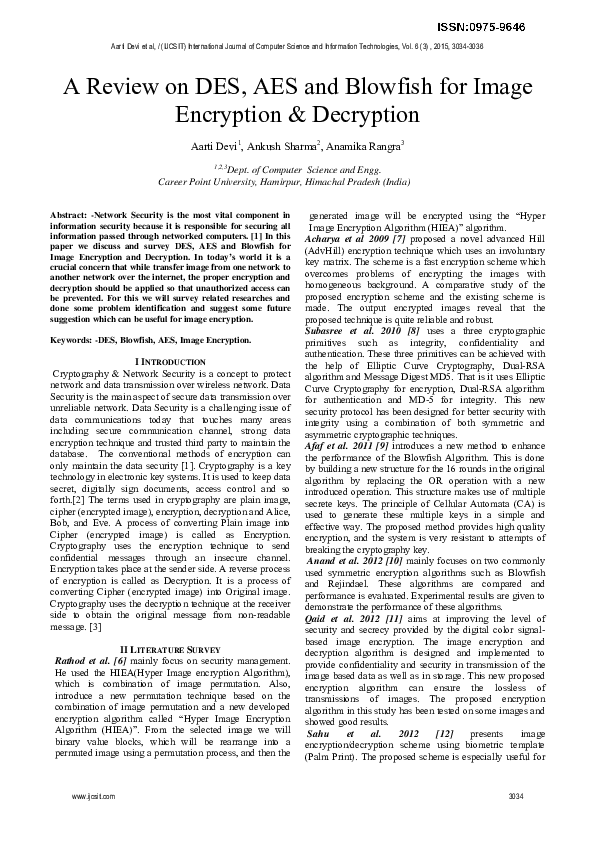 (PDF) Image Encryption: A Survey of DES, AES, Blowfish