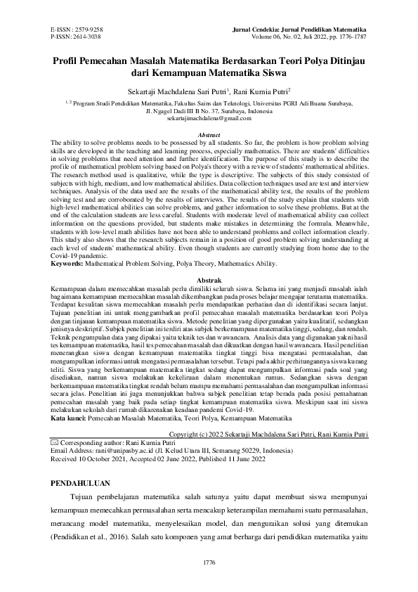 (PDF) Profil Pemecahan Masalah Matematika Berdasarkan Teori Polya Ditinjau dari Kemampuan ...
