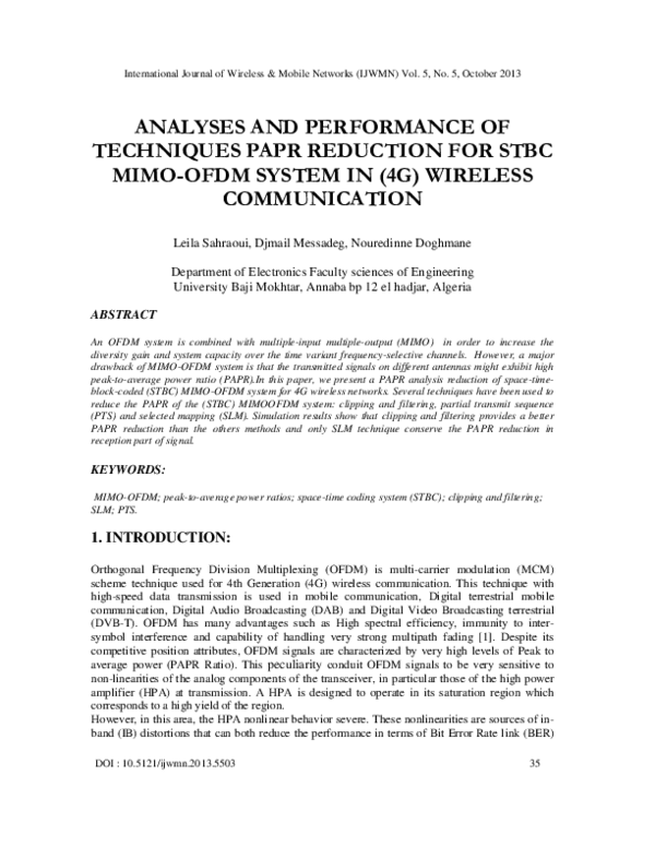 Pdf Analyses And Performance Of Techniques Papr Reduction For Stbc Mimo Ofdm System In 4g