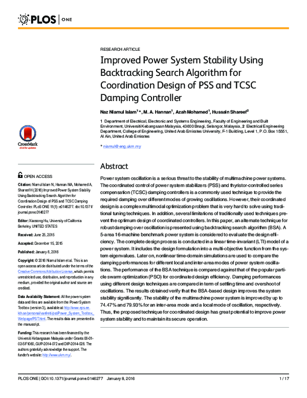 (PDF) Improved Power System Stability Using Backtracking Search Algorithm for Coordination ...
