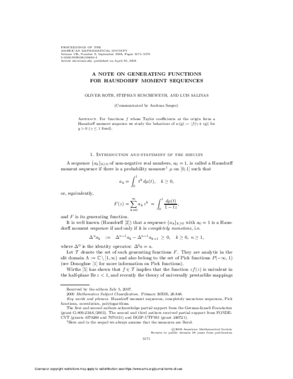 (PDF) A note on generating functions for Hausdorff moment sequences ...