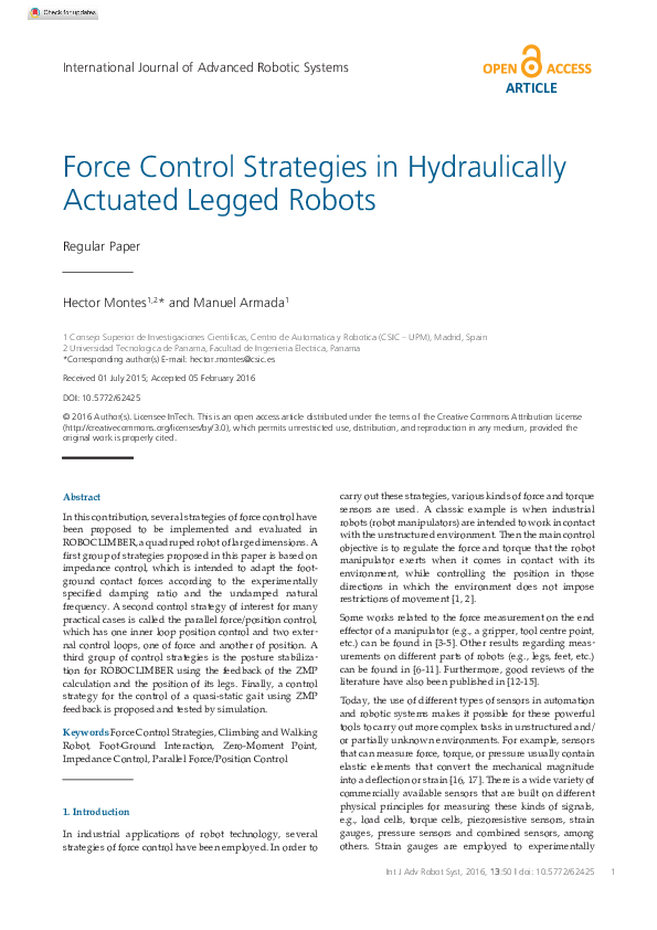 (PDF) Force Control Strategies in Hydraulically Actuated Legged Robots