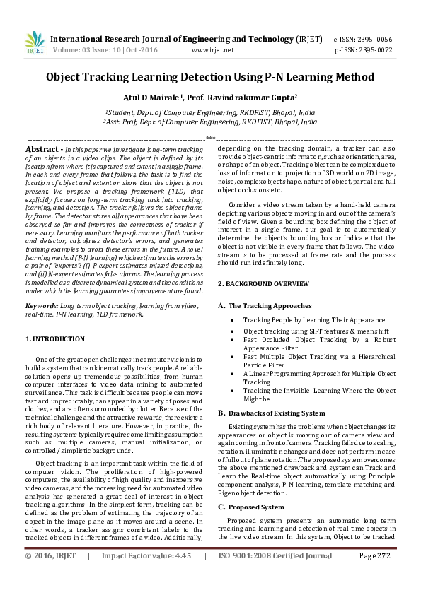 (PDF) Object Tracking Learning Detection Using P-N Learning Method